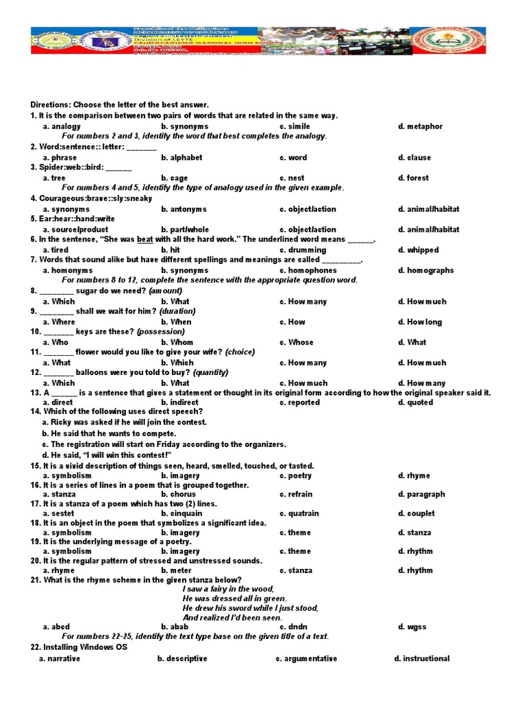 Summative Assessment: English 7 Exam Covering Analogies, Grammar ...