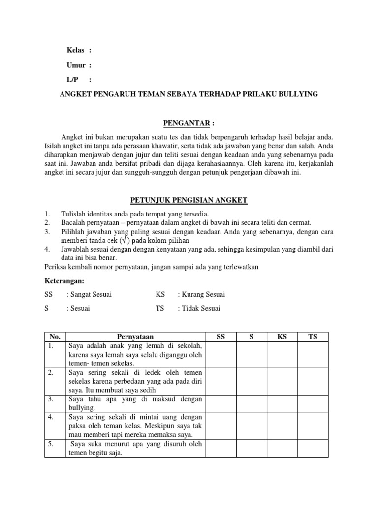 Angket Pengaruh Teman Sebaya Bullying | PDF