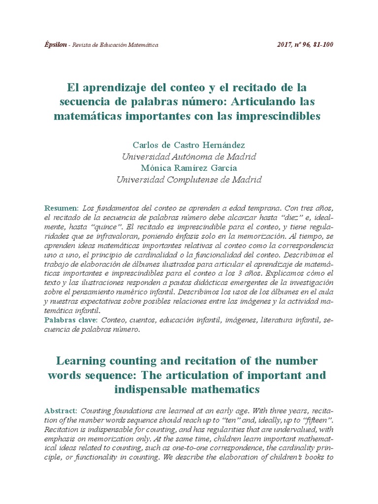 El Aprendizaje Del Conteo y El Recitado de La Secuencia de Palabras ...