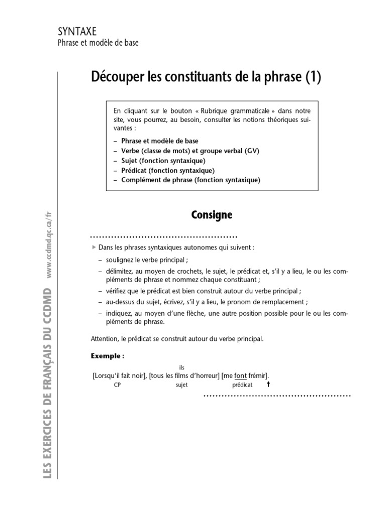 Exercices sur les constituants de la phrase | PDF | Sujet (Grammaire ...