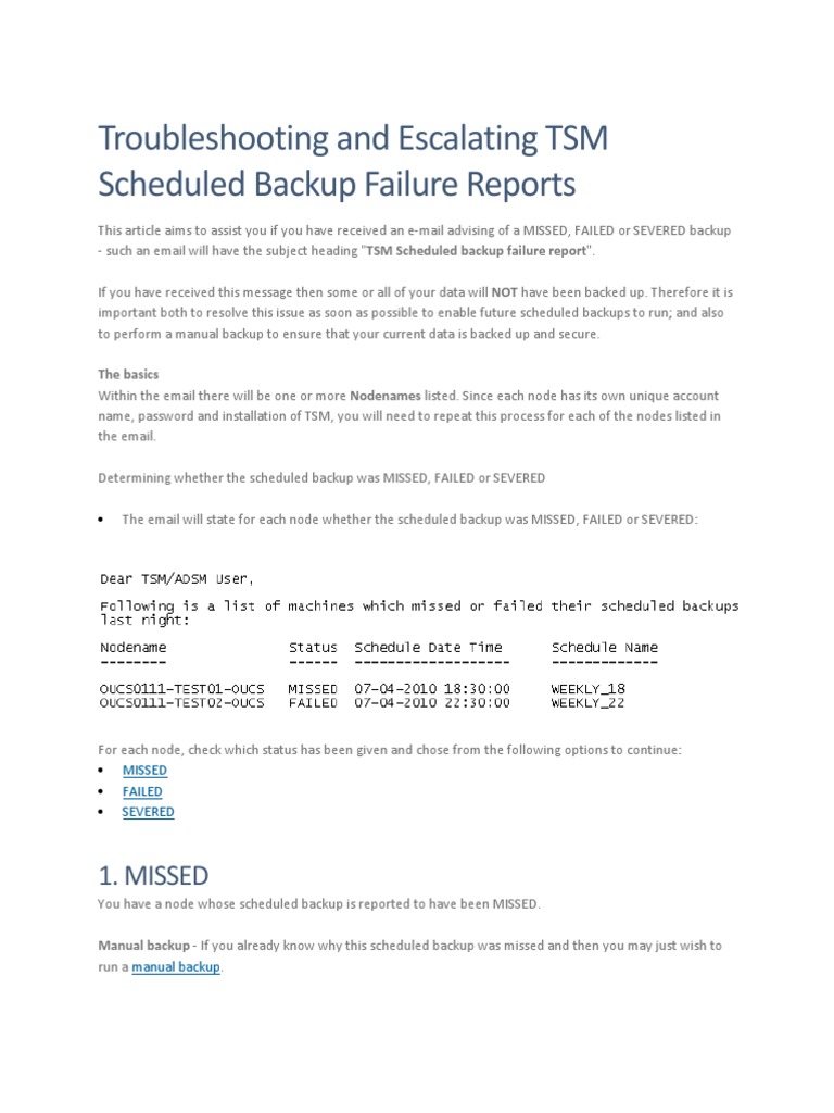 Troubleshooting and Escalating TSM Scheduled Backup Failure Reports ...