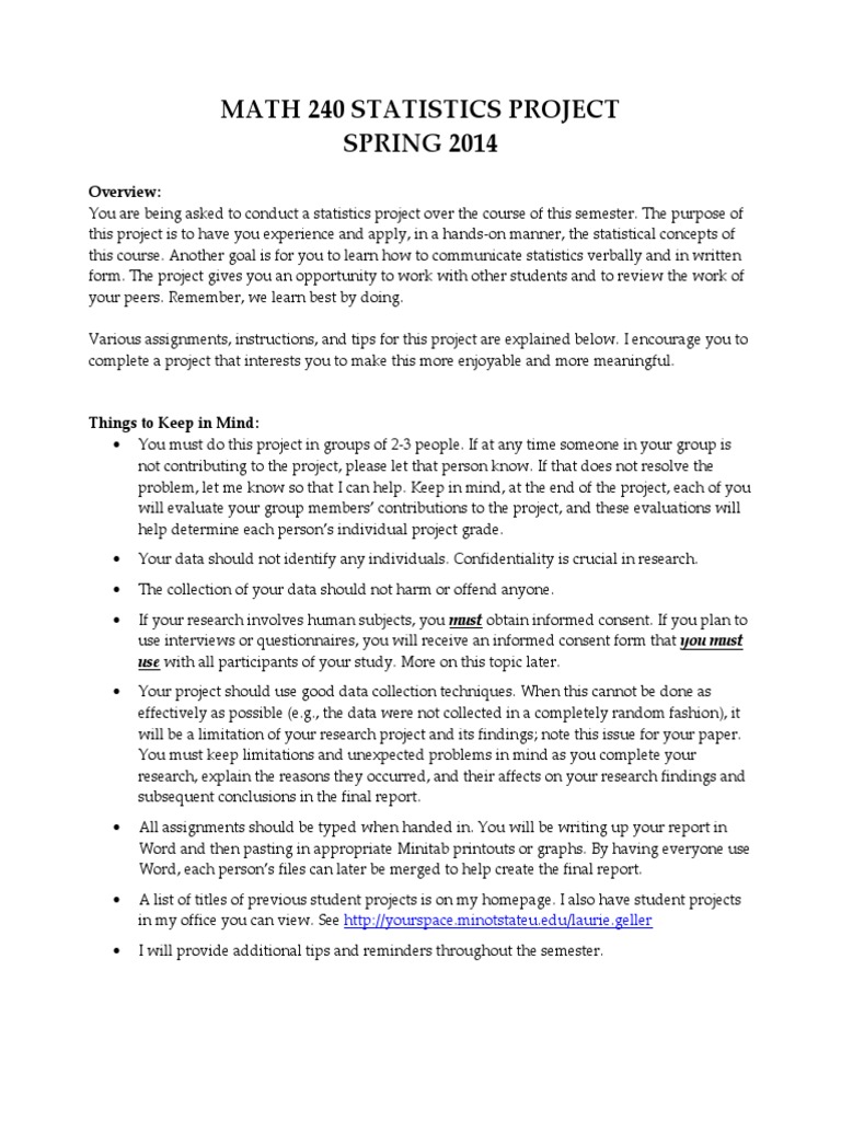 Math 240 Statistics Project SPRING 2014: Overview | PDF | Statistical ...