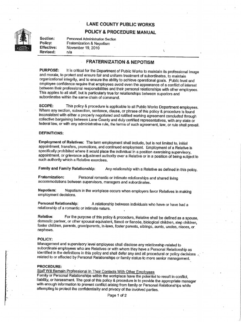 Lane County Public Works Fraternization & Nepotism Policy | PDF