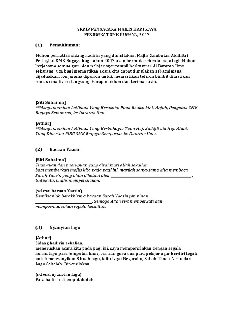 Skrip Pengacara Majlis Hari Raya | PDF