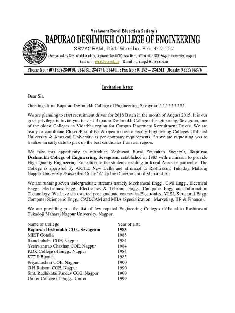 Invitation Letter For Campus Drive | PDF | Engineering | Science And ...