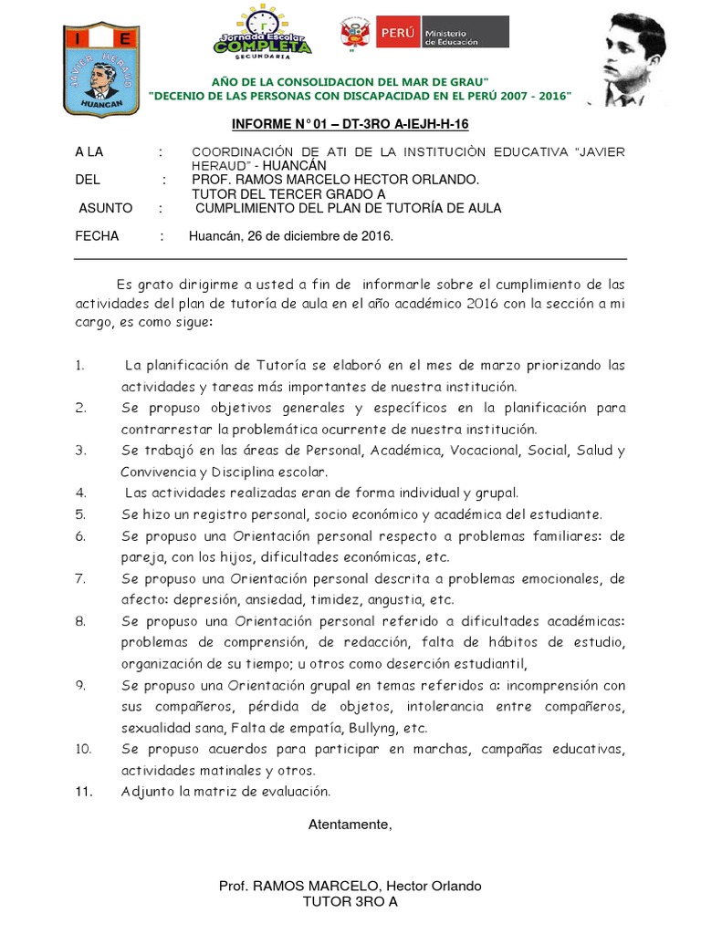 Modelo de Informe de Tutoria | PDF | Salón de clases | Conceptos psicologicos