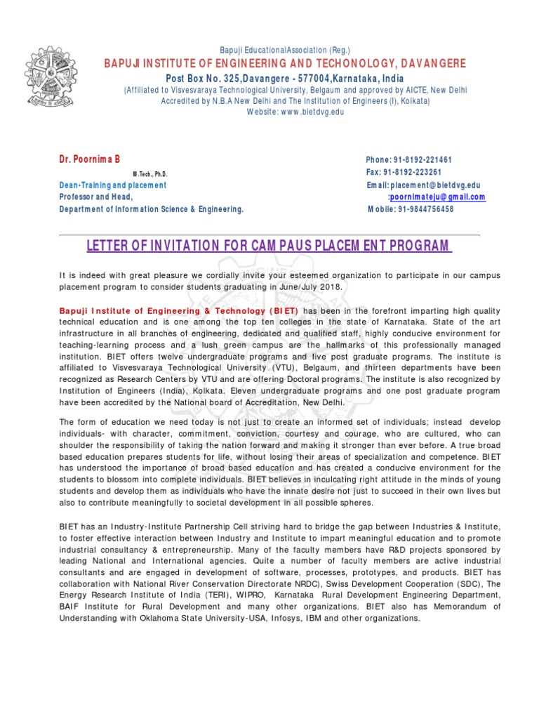 Letter of Invitation For Campaus Placement Program: Bapuji Institute of ...