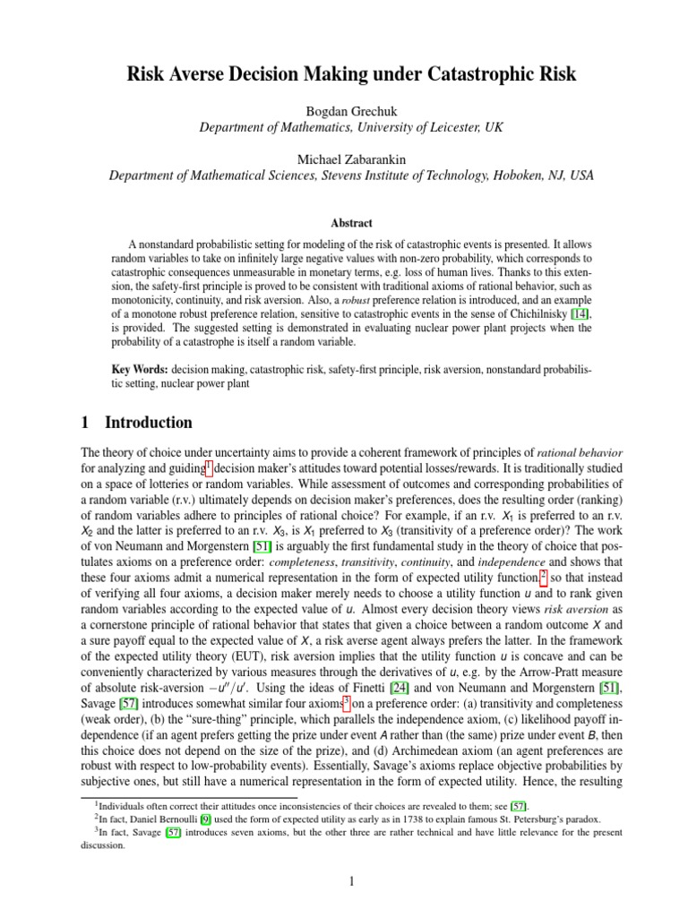 Risk Averse Decision Making Under Catastrophic Risk | Download Free PDF | Utility | Risk