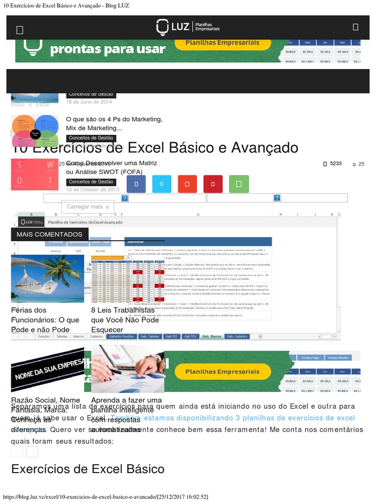 10 Exercícios De Excel Básico E Avançado Blog Luz Download Grátis Pdf Macro Ciência Da 