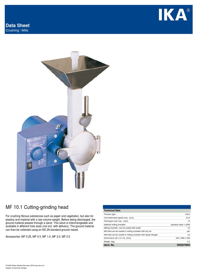 IKA Grinding Mill Data Sheet MF 10.1 Cutting-Grinding Head | PDF