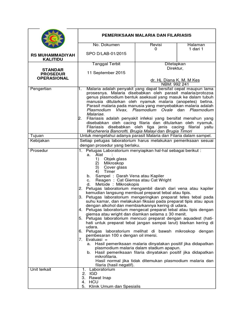 SOP Pemeriksaan Malaria dan Filariasis | PDF