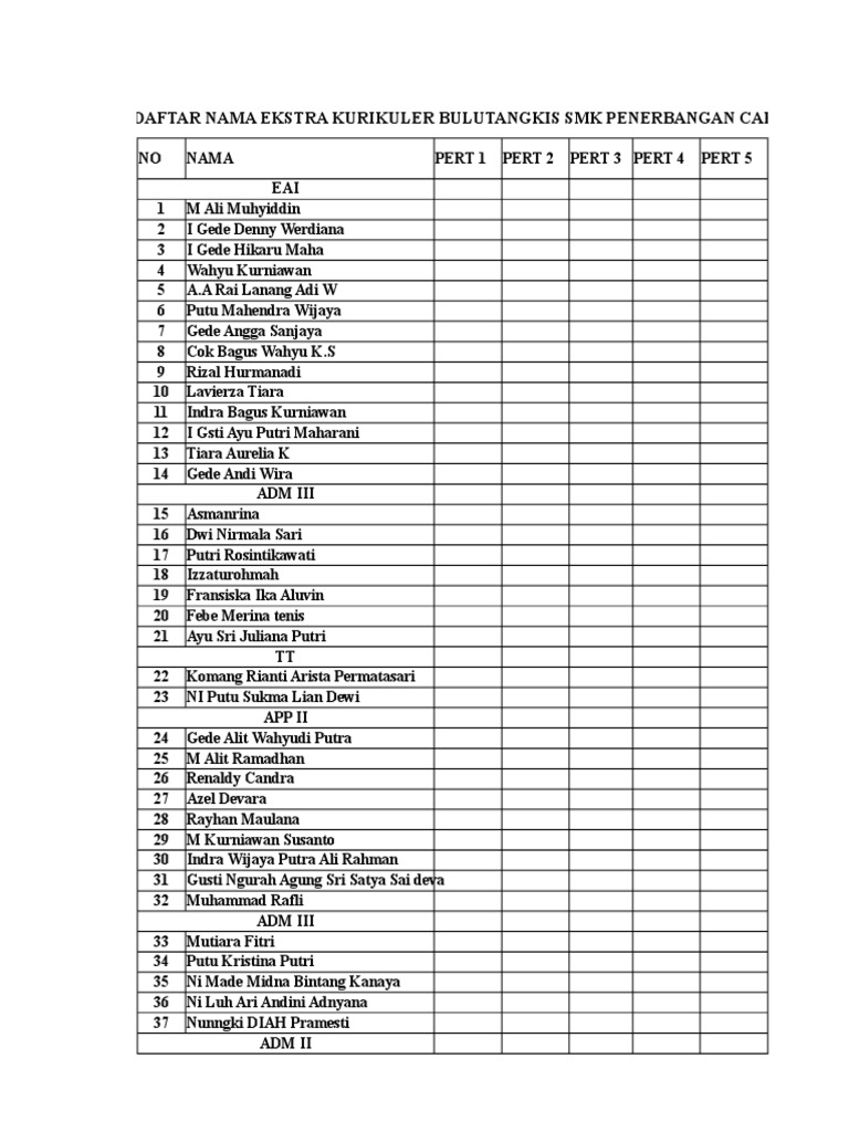 Absensi Ekstra Bulutangkis | PDF
