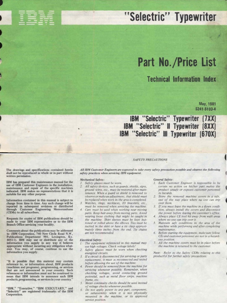 IBM, 1981 - "Selectric" Typewriter Part No./Price List | PDF ...