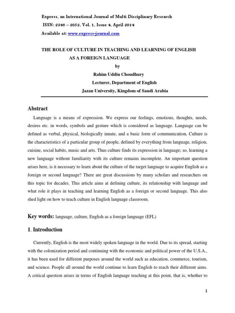 Theroleofcultureinelt Rahimuddin | PDF | English As A Second Or Foreign ...