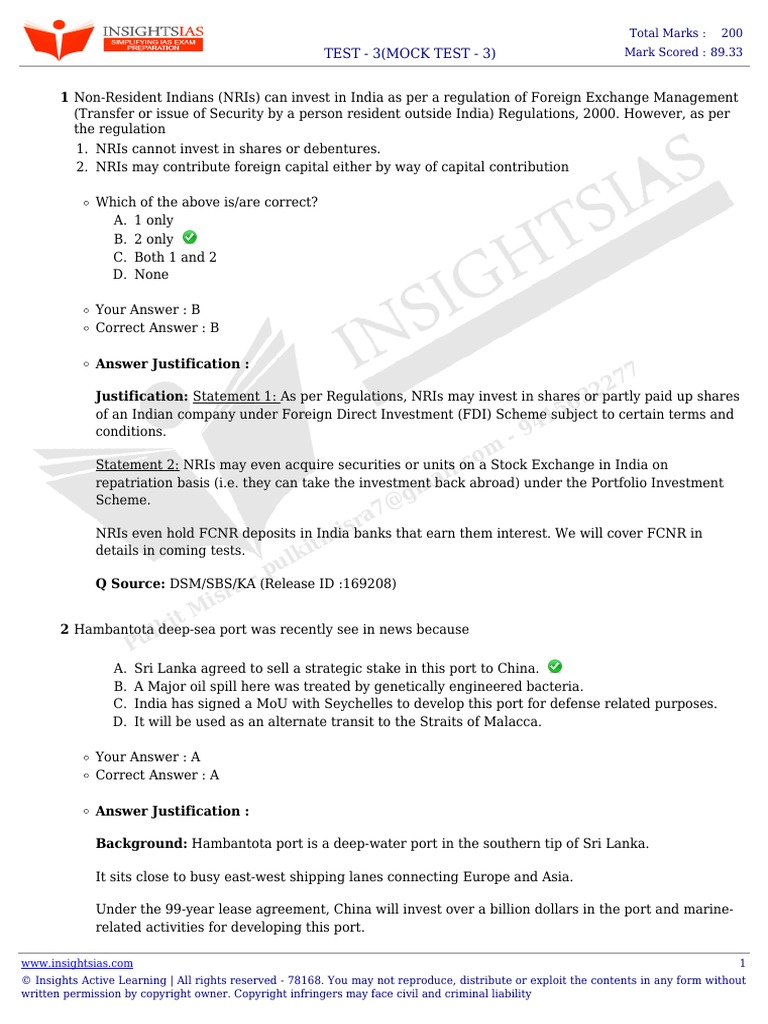 Test - 3 (Mock Test - 3) : Total Marks: 200 Mark Scored: 89.33 | PDF ...