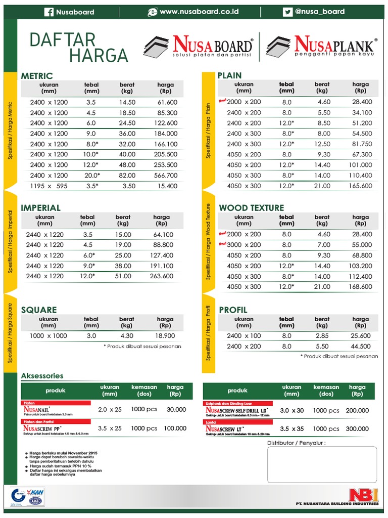 Pricelist Lengkap 2017 Nusa Board | PDF