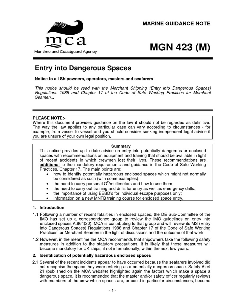 MGN - 423 Entry Into Enclosed Space | PDF | Sailor | Ships