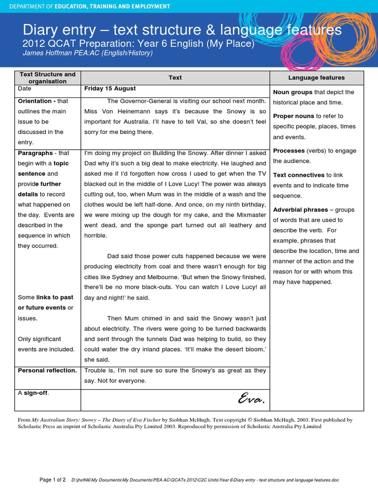 Res 51539 Diary Entry - Text Structure and Language Features | PDF ...