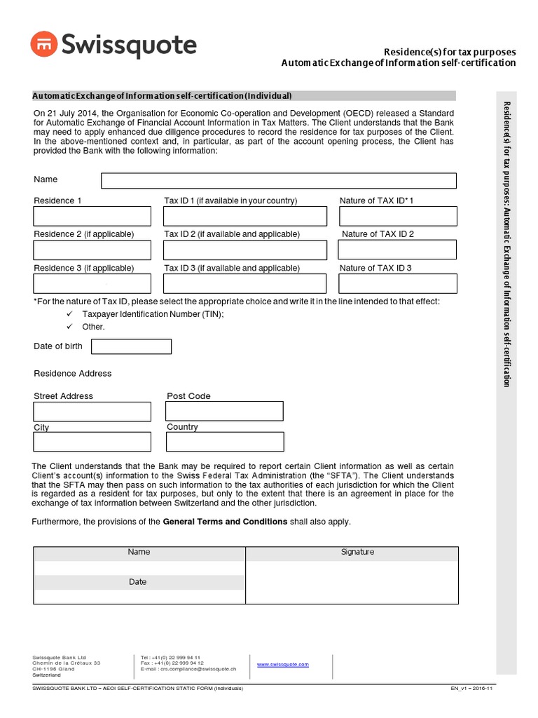 2016-11 Aeoi Self-Certif SQB Static Indiv. (En) v1 | PDF | Switzerland ...
