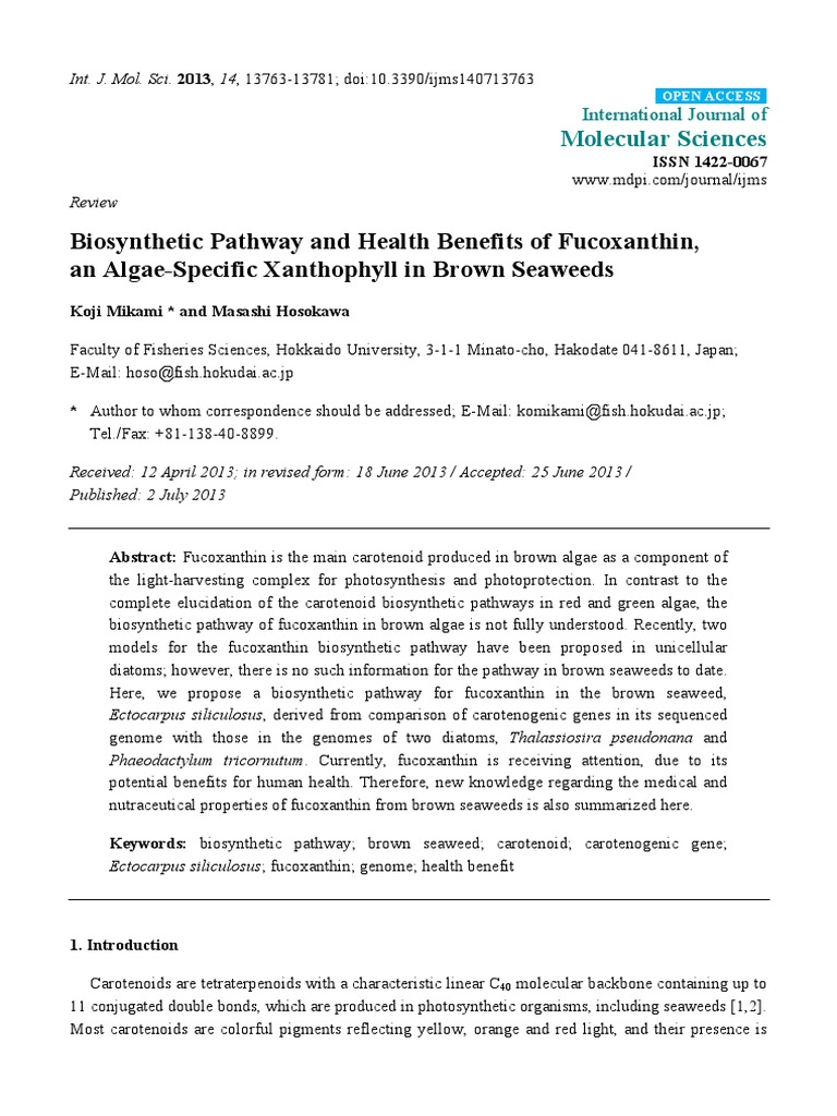 Biosynthetic Pathway and Health Benefits of Fucoxanthin, An Algae ...