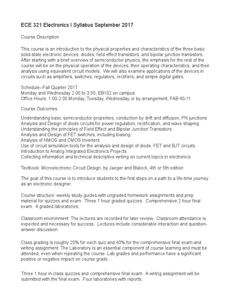 ECE 321 Electronics I Syllabus September 2017 | PDF