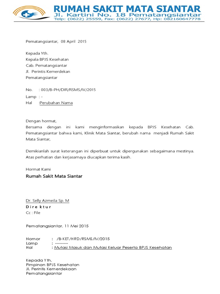 Surat Rumah Sakit Mata Siantar1 | PDF