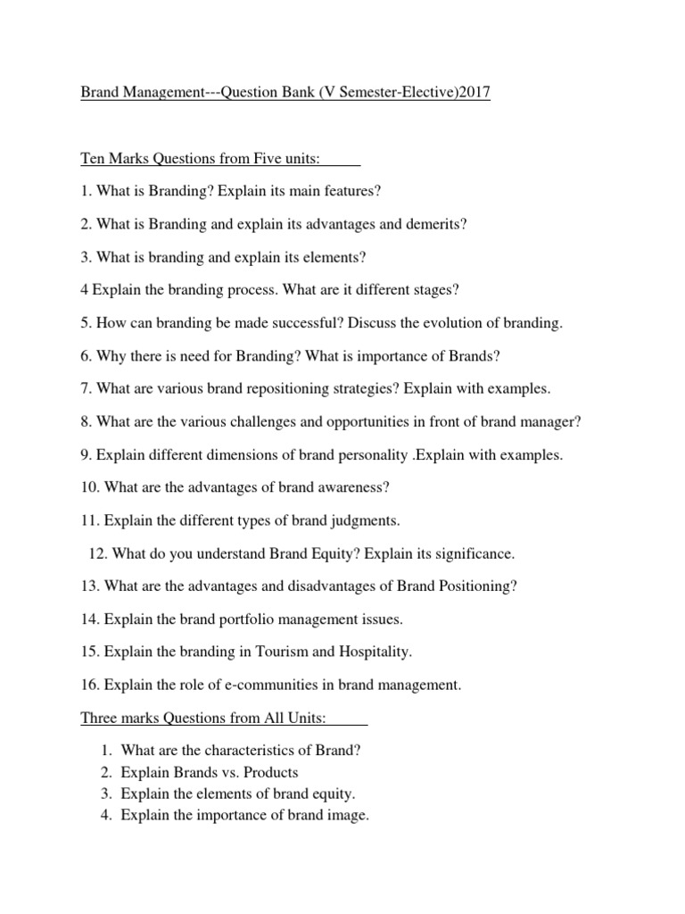 Brand Management-Question Bank | PDF | Brand | Market (Economics)
