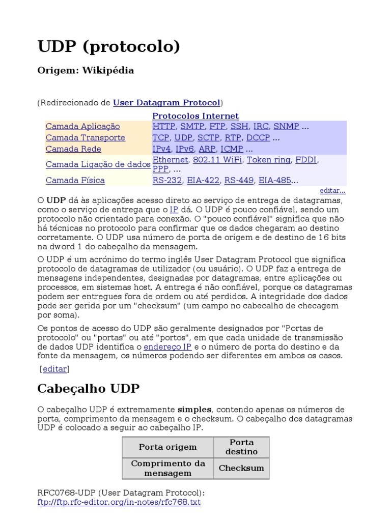 Artigo O Protocolo Udp Pdf Pdf Porta Rede De Computadores