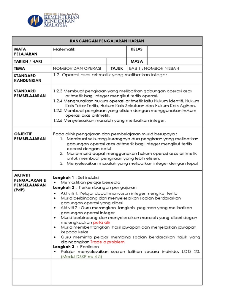 Pengajaran Operasi Aritmetik Tingkatan 1 | PDF