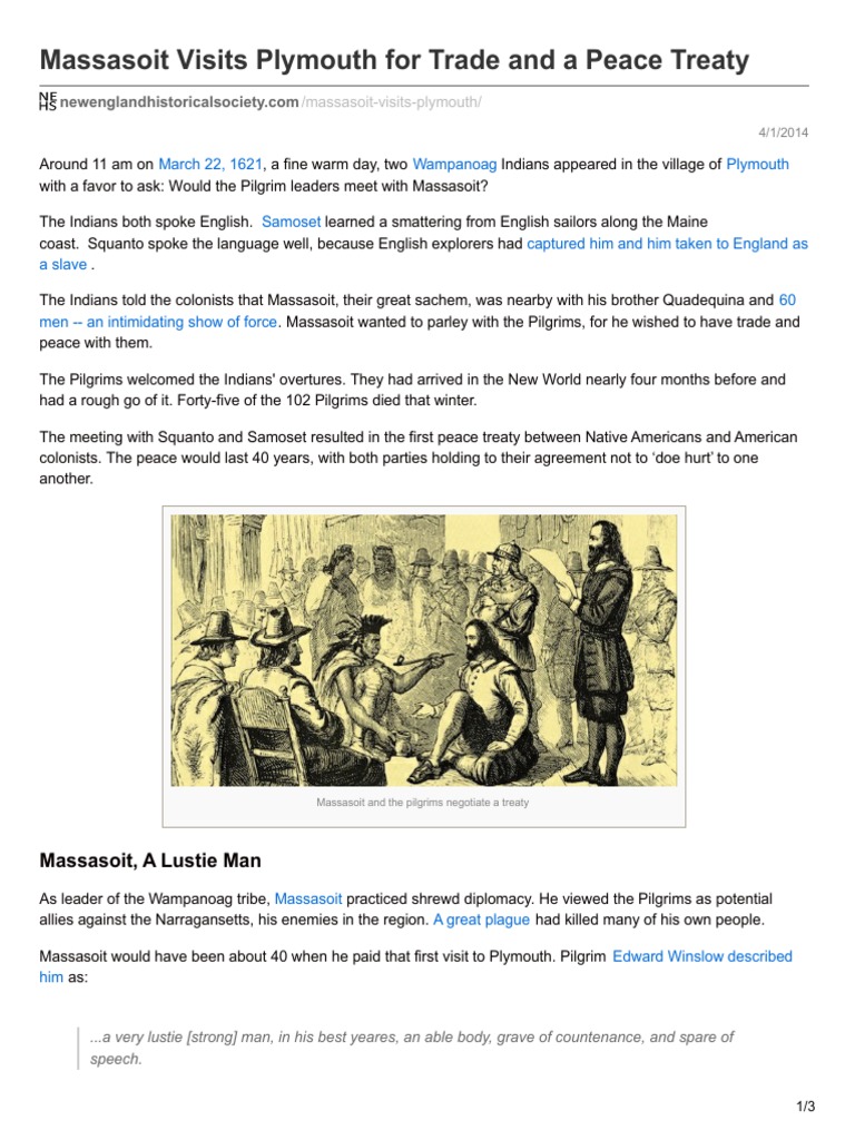 Massasoit Visits Plymouth For Trade and A Peace Treaty | PDF | Plymouth ...
