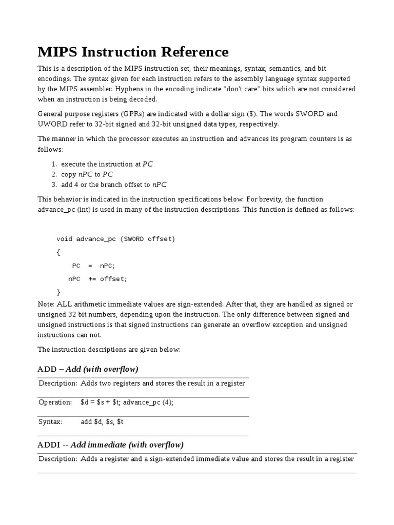 MIPS Reference | PDF | Assembly Language | Digital Electronics