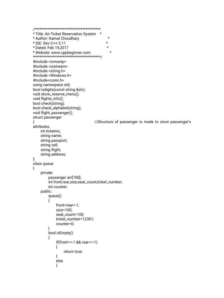 Airline Reservation System C++ | PDF | Queue (Abstract Data Type) | Object Oriented Programming