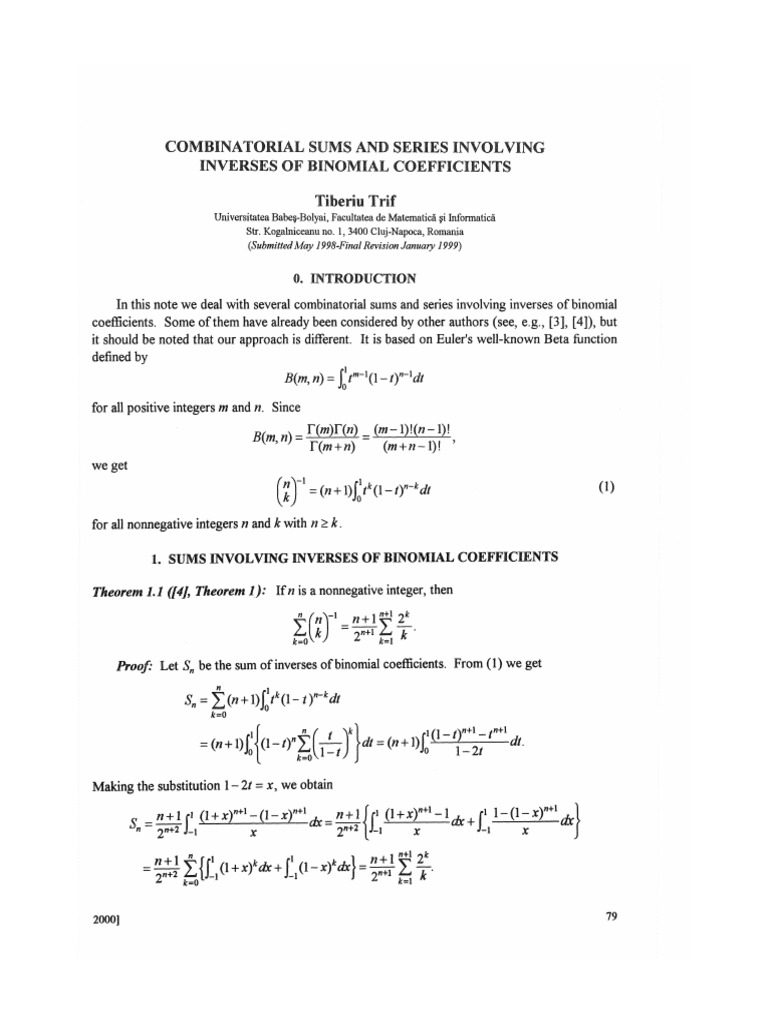 Combinatorial Sums And Series Involving Inverses Of Binomial Coefficients Tiberiu Trif Pdf