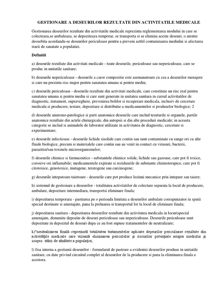 Gestionare A Deseurilor Rezultate Din Activitatile Medicale | PDF