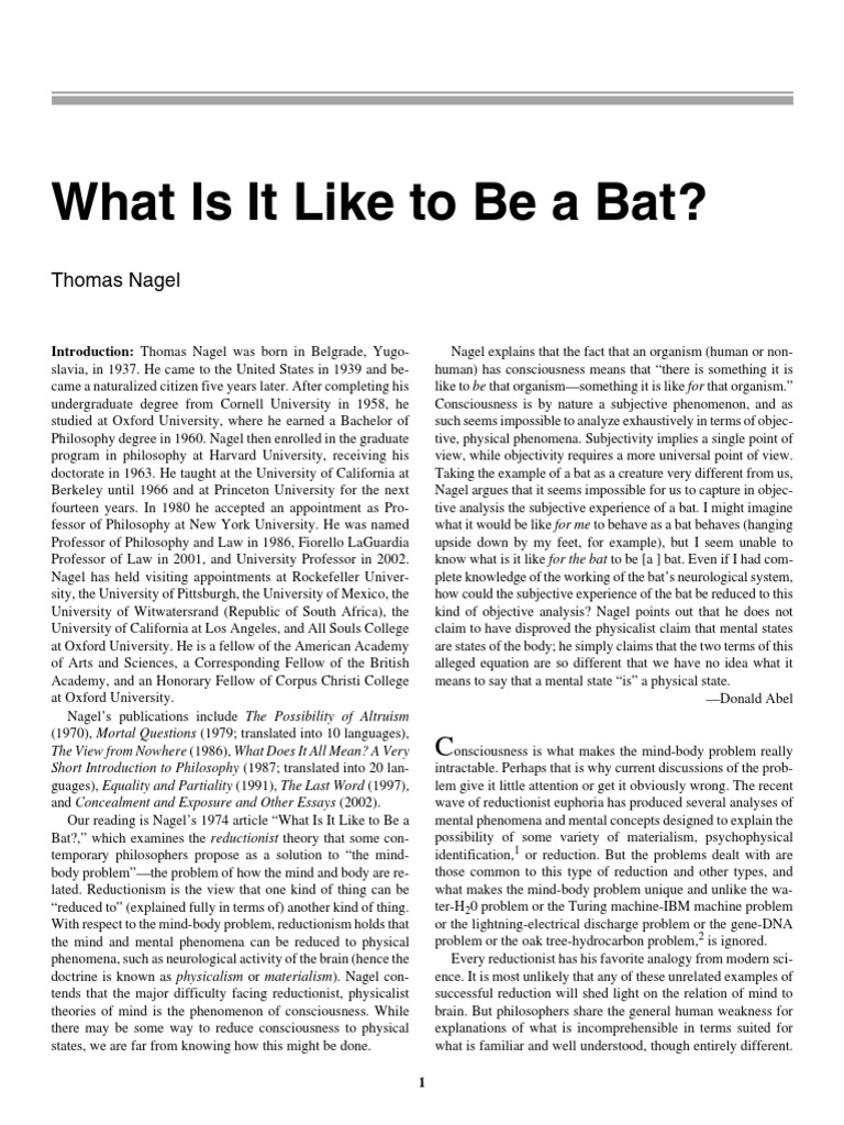 Nagel Whats It Like To Be A Bat | PDF | Reductionism | Mind
