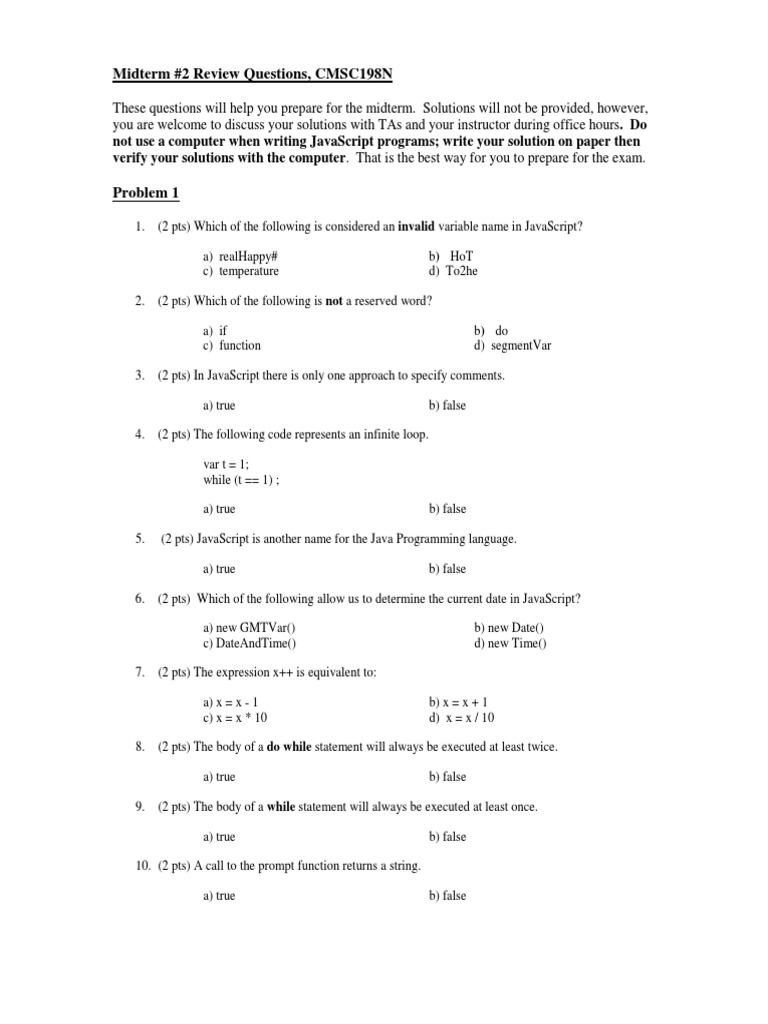 Midterm 2 Review Questions Cmsc198n Pdf Java Script Control Flow