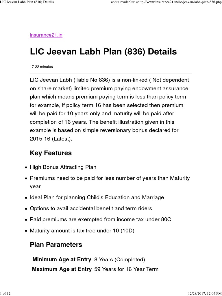 LIC Jeevan Labh Plan (836) Details | PDF | Insurance | Pension