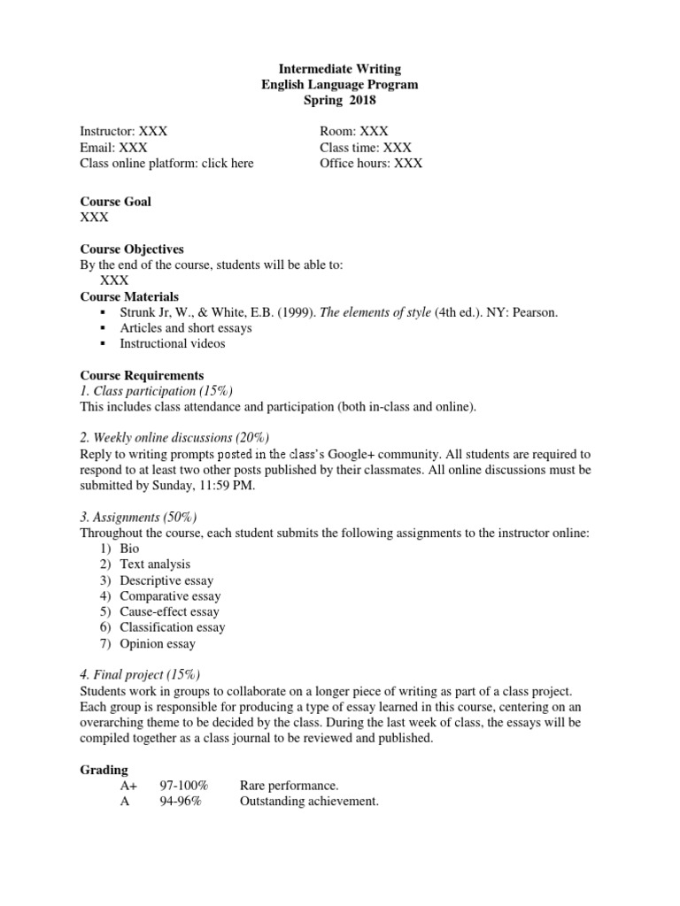 Syllabus For Intermediate Writing Class (ESL) | PDF | Essays | English ...