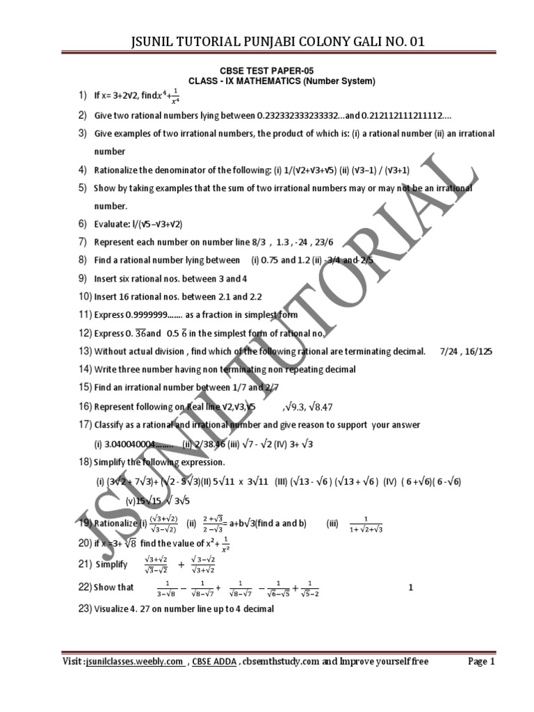9th Number System Test Paper-5 | PDF