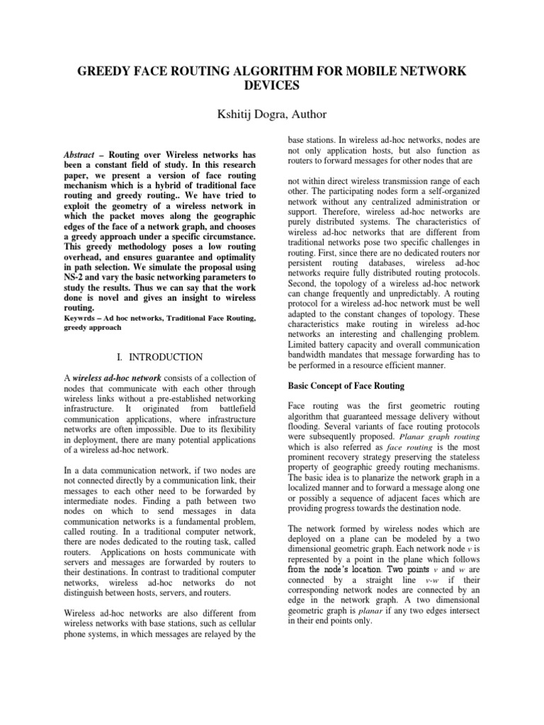 Greedy Face Routing Algorithm For Mobile Network Devices | PDF | Routing | Wireless Ad Hoc Network