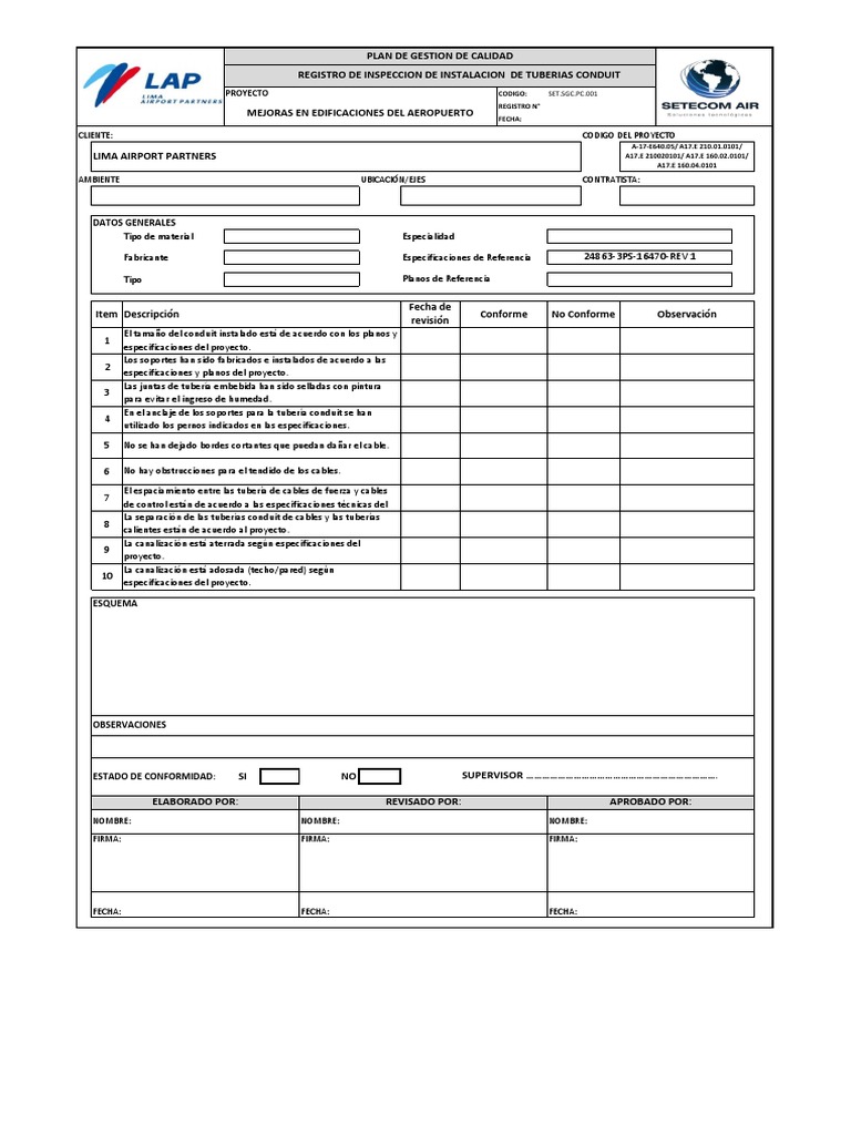 SET - sgc.PC.001-F-01 Registro Inspección de Inst. de Tuberias Conduit ...