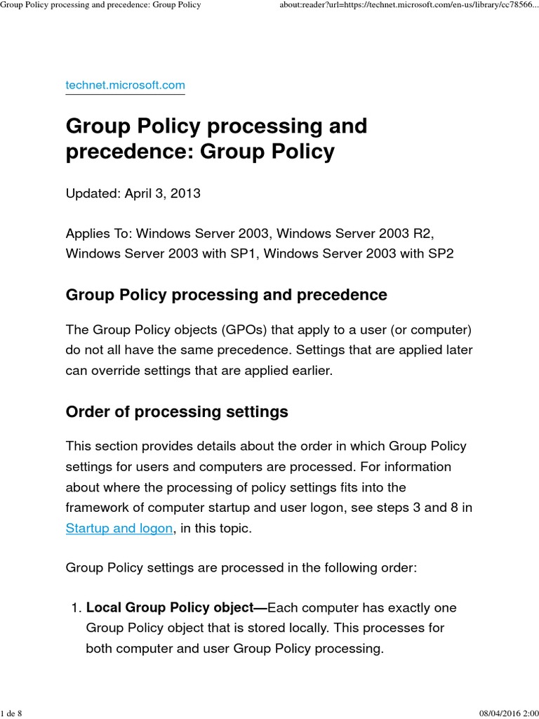 Group Policy Processing and Precedence - Group Policy PDF | PDF | Group Policy | Computer Networking