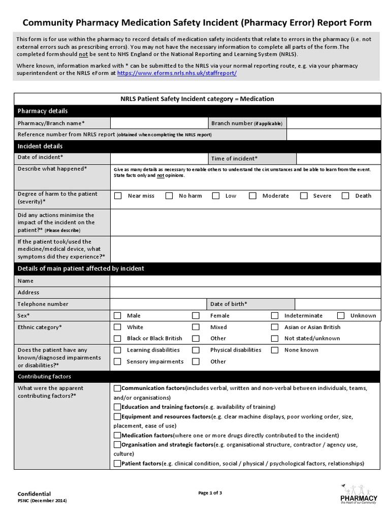 Medication Safety Incident Report Form Pharmacy Error EForm | PDF ...