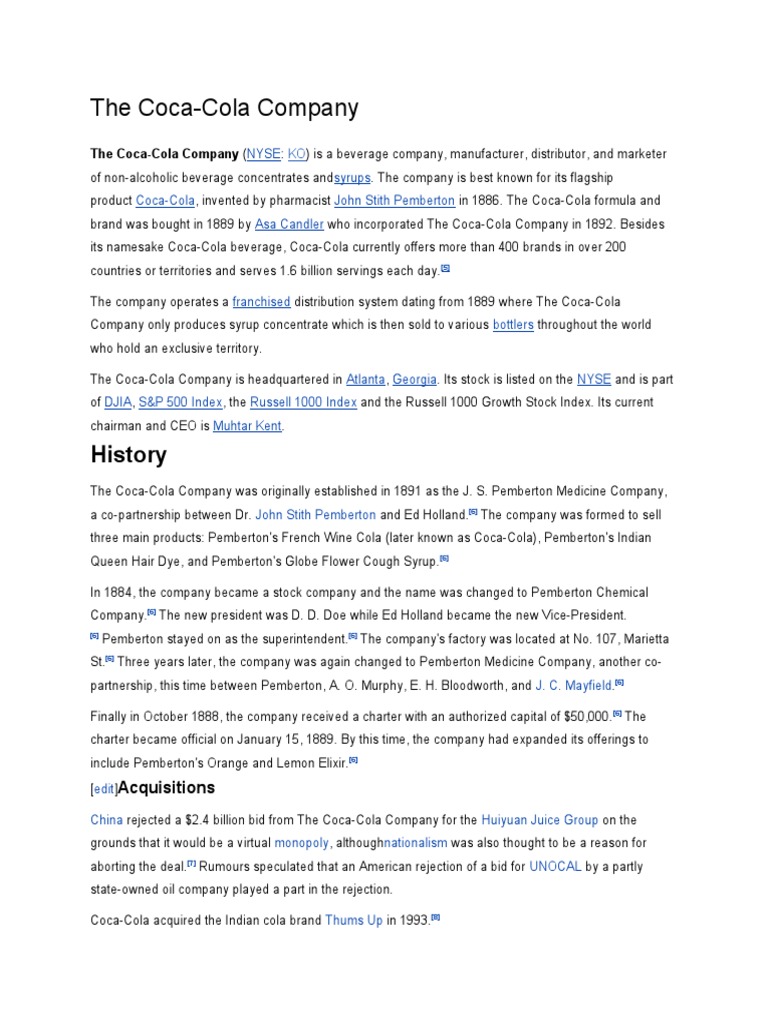 The Coca-Cola Company: History | PDF | The Coca Cola Company | Food And ...