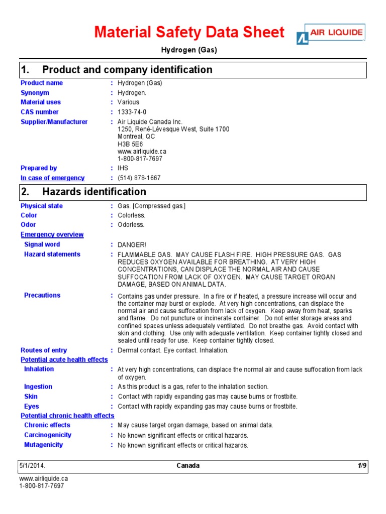 Hydrogen MSDS | PDF | Personal Protective Equipment | Ventilation ...