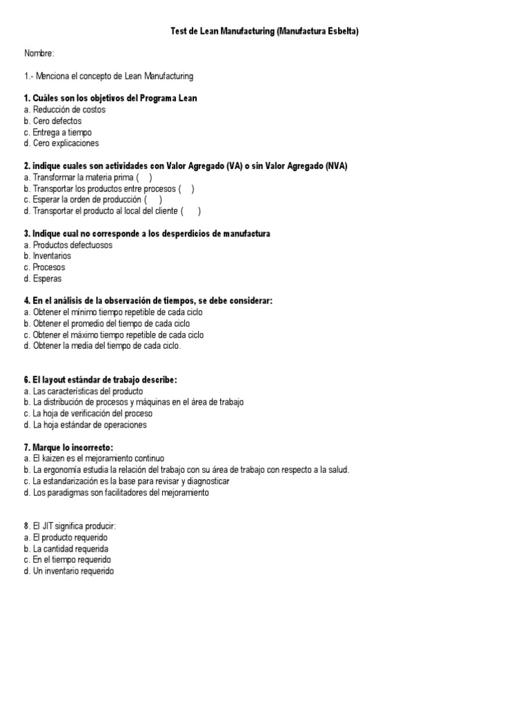 Test de Lean Manufacturing | PDF