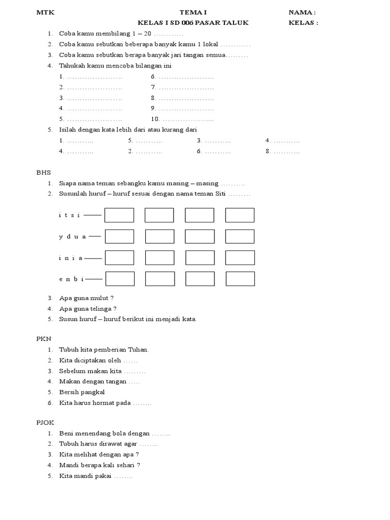 Ketikan Tema 1 - Tema 3 MTK SD | PDF
