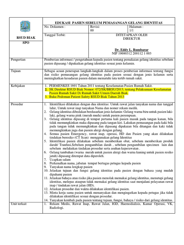 SOP Edukasi Pasien Sebelum Pemasangan Gelang Identitas | PDF | Kesehatan Holistik
