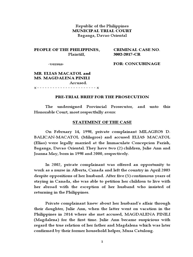 Pre-Trial Brief - Prosecution (Concubinage) | PDF | Prosecutor | Marriage