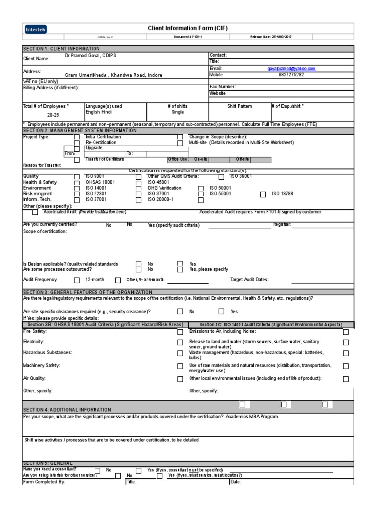 Client Information Form for ISO Certification | PDF | Audit ...